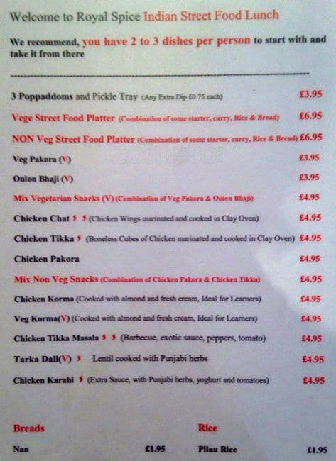 Menu at Royal Spice restaurant, Edinburgh