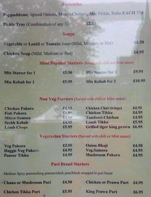 Menu at Royal Spice restaurant, Edinburgh