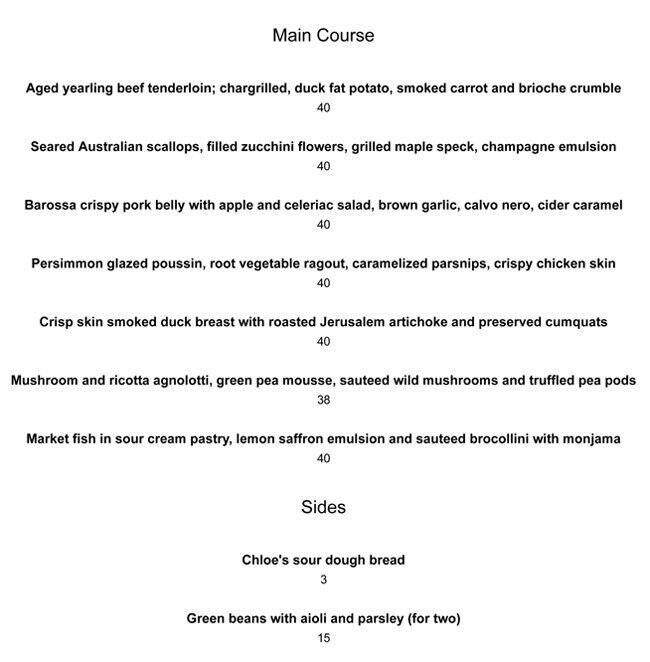 Menu at Chloe's Restaurant & Function Centre, Kent Town