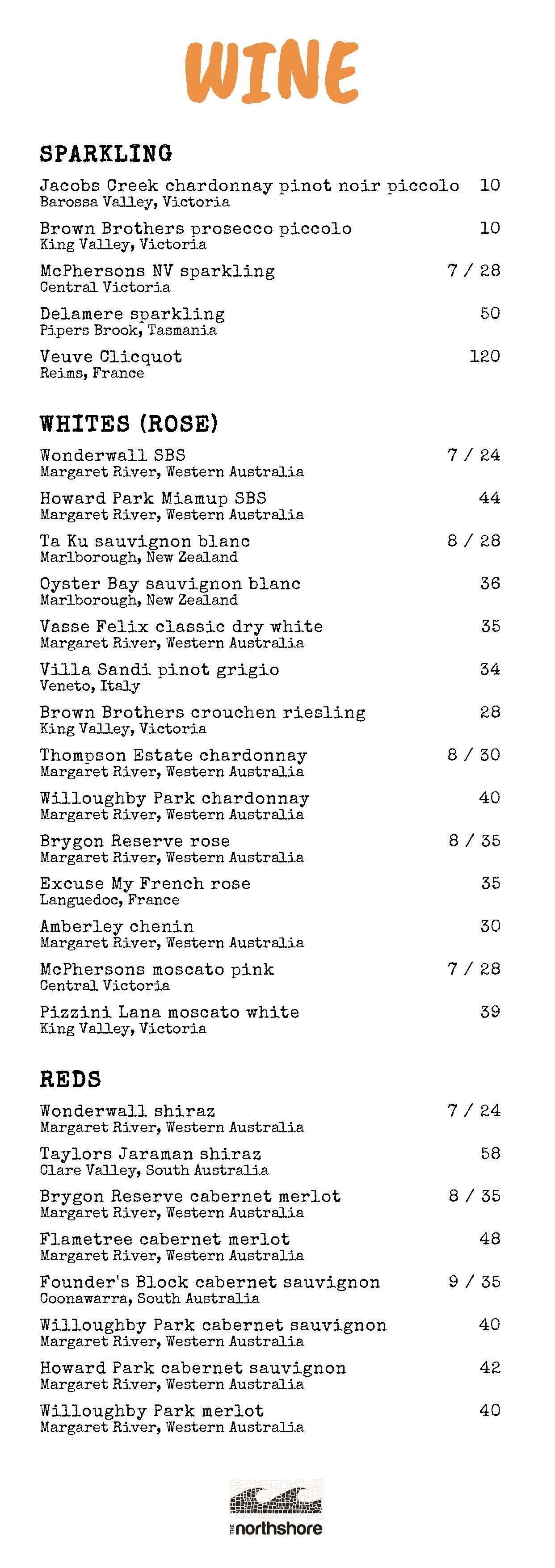 Menu at Northshore Tavern pub & bar, Hillarys, 66/470 Whitfords Avenue