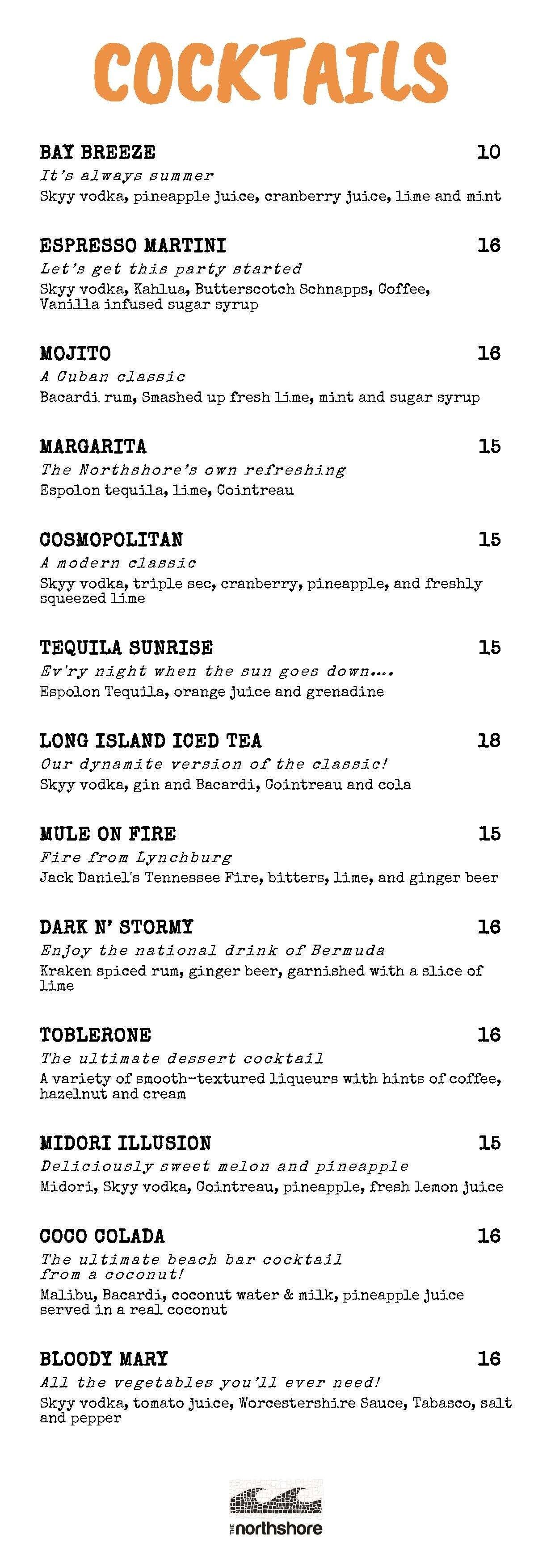 Menu at Northshore Tavern pub & bar, Hillarys, 66/470 Whitfords Avenue