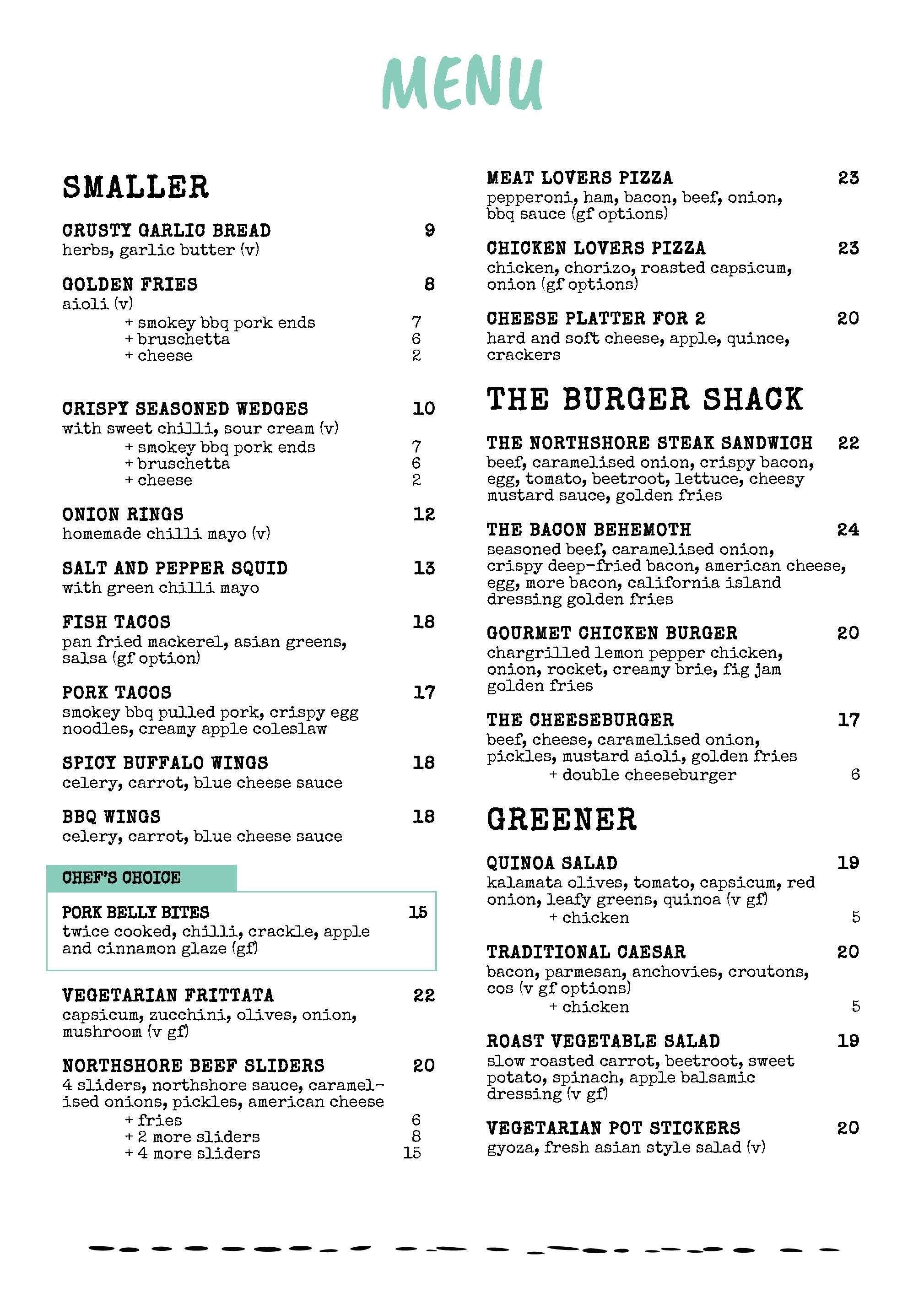 Menu at Northshore Tavern pub & bar, Hillarys, 66/470 Whitfords Avenue