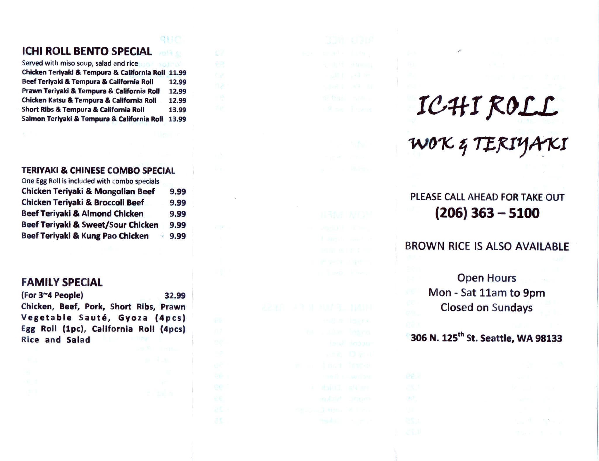 Menu at Ichi roll Wok & Teriyaki restaurant, Seattle