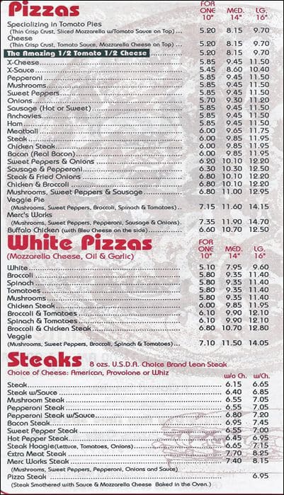 Menu at Merc Brothers Pizzeria, Philadelphia