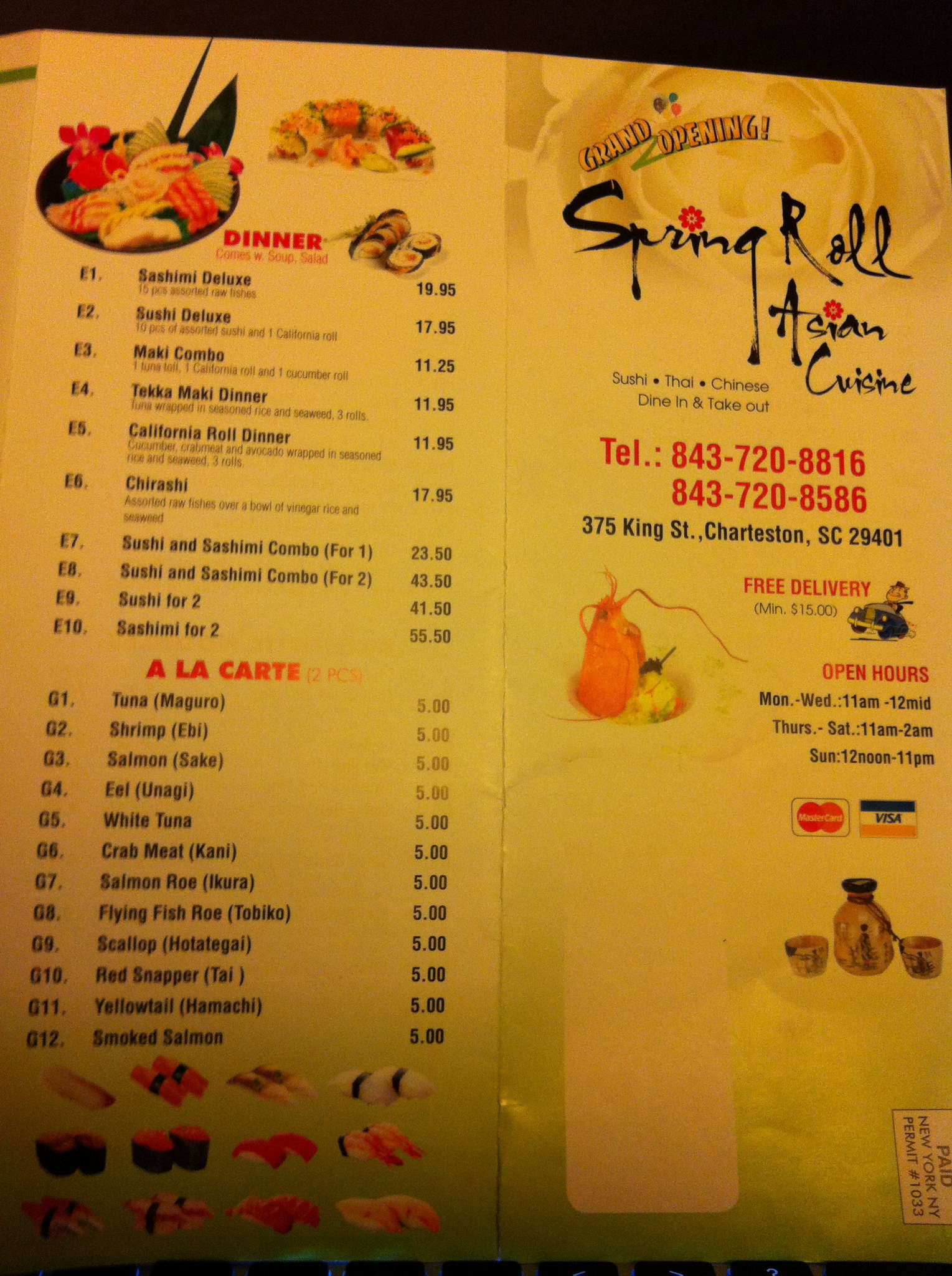 Menu at Spring Roll Asian Cuisine restaurant, Charleston