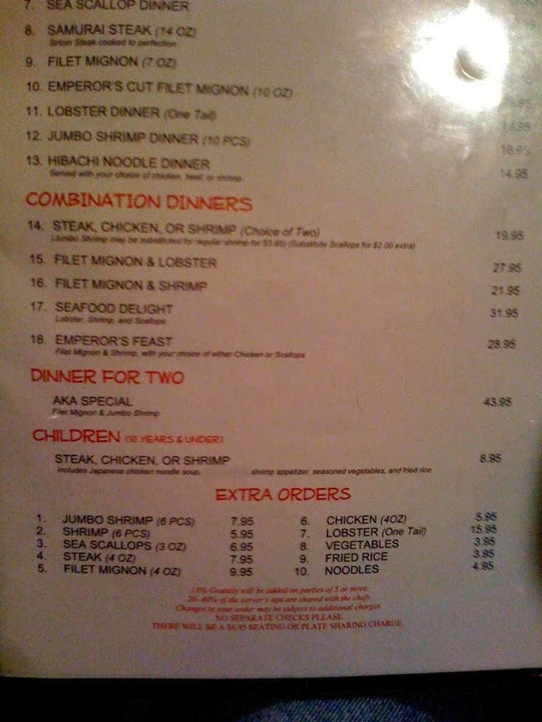 Menu at AKA JAPANESE RESTAURANT, Corpus Christi