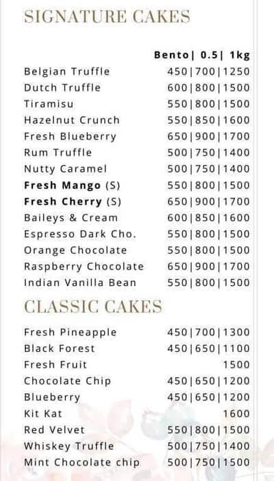 Menu of Shugaa, Golf Course Road, Gurgaon