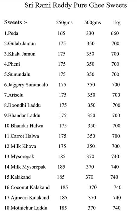 Menu of Sri Rami Reddy Pure Ghee Sweets, Railway Station Road, Secunderabad