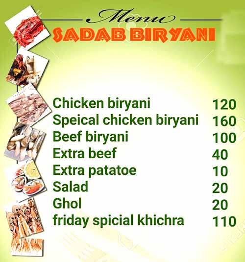 Menu of Sadab Biryani, Park Circus Area, Kolkata