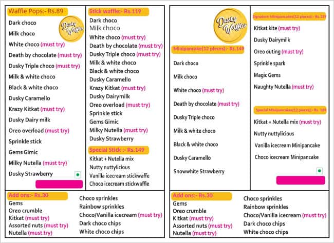 Menu of Dusky Waffles, Potheri, Chennai