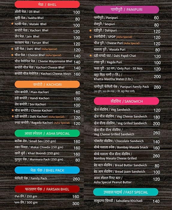 Menu of Asha Bhel, Lohegaon, Pune
