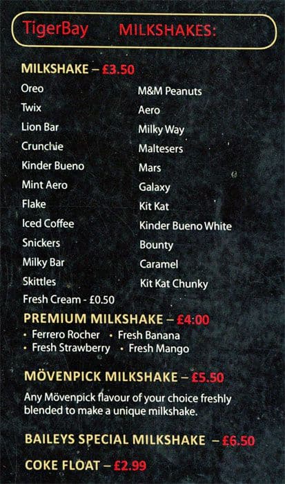 Menu at TigerBay Shisha Lounge pub & bar, London