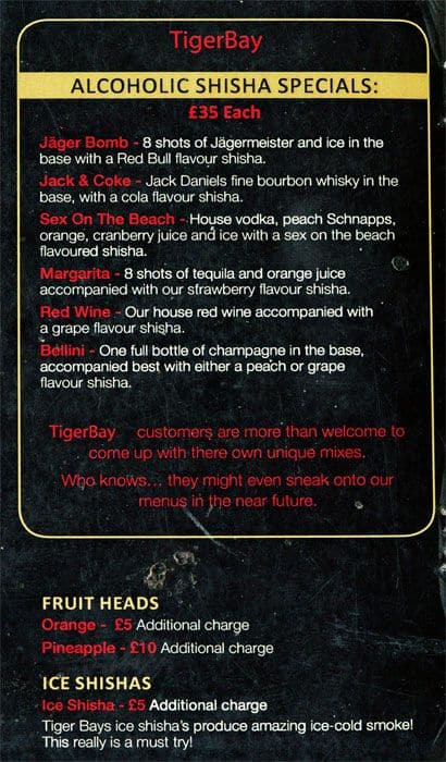 Menu at TigerBay Shisha Lounge pub & bar, London
