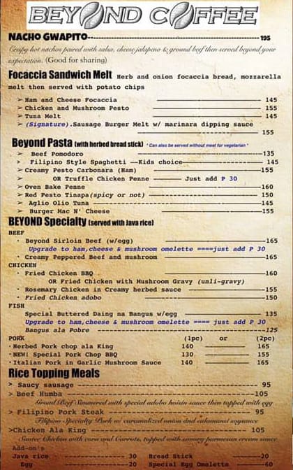 Menu at Beyond Coffee Manila cafe, Manila, 928 P. Paredes St