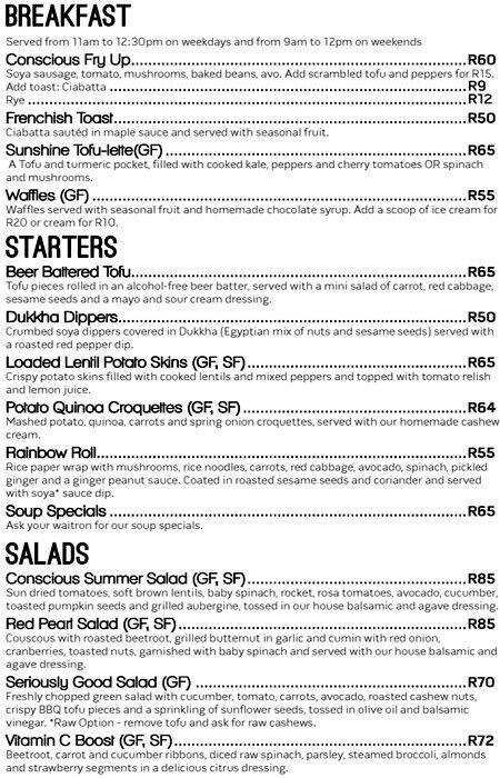 Menu at Conscious 108 restaurant, Randburg