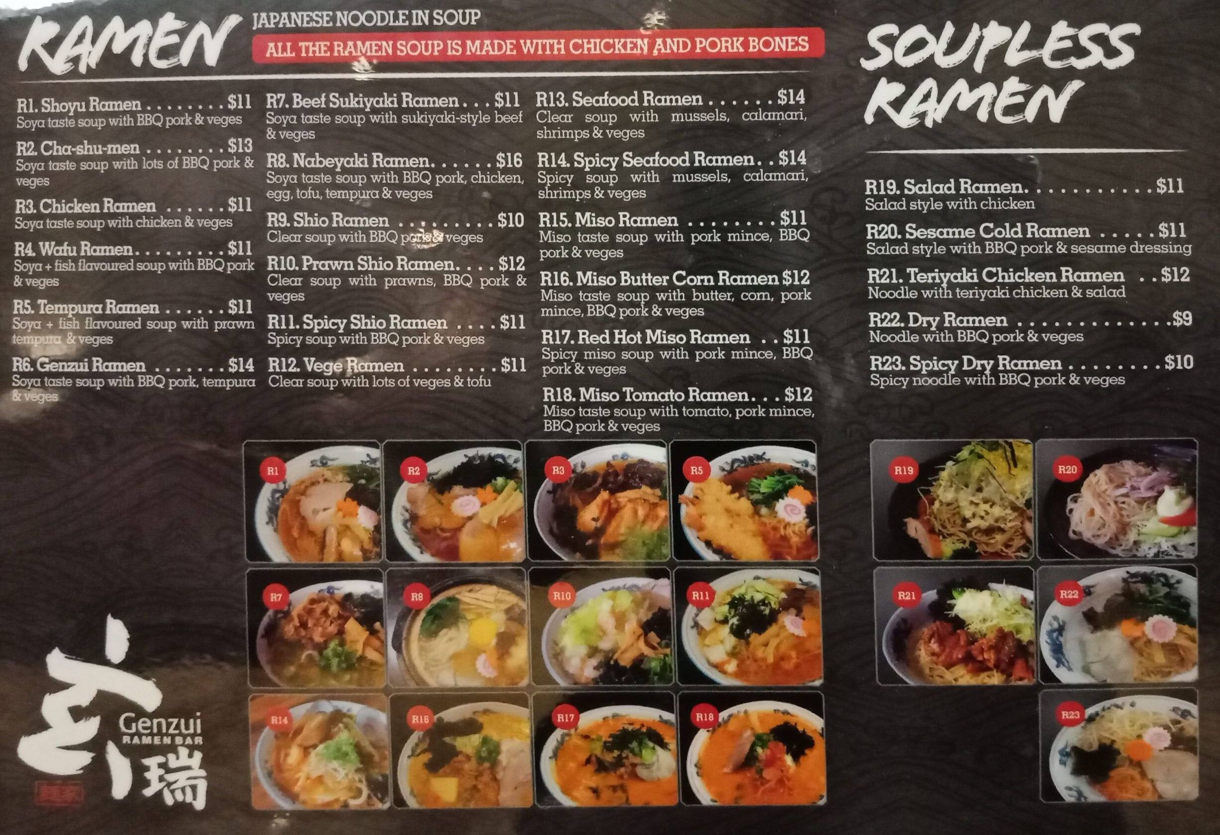 Menu at Genzui Ramen Bar, Auckland, Atrium on Elliott