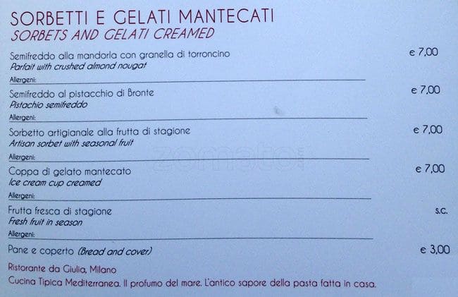 Menu da Ristorante Da Giulia, Milano