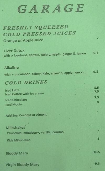 Menu at Garage cafe, Saint Kilda, 126A Chapel St