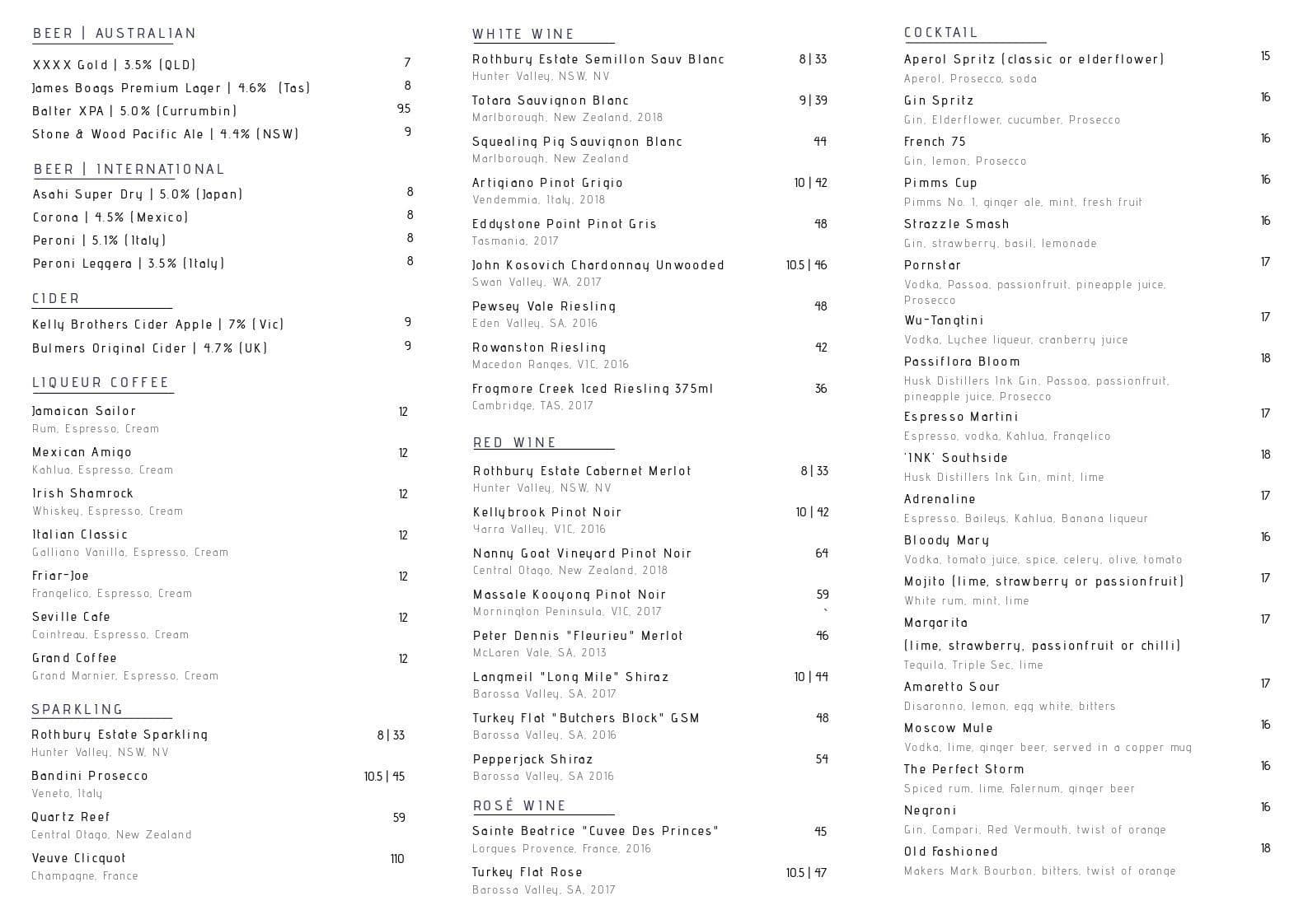 Menu at Elephant Rock Cafe, Currumbin