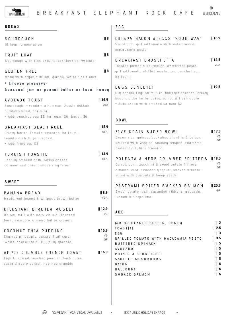 Menu at Elephant Rock Cafe, Currumbin