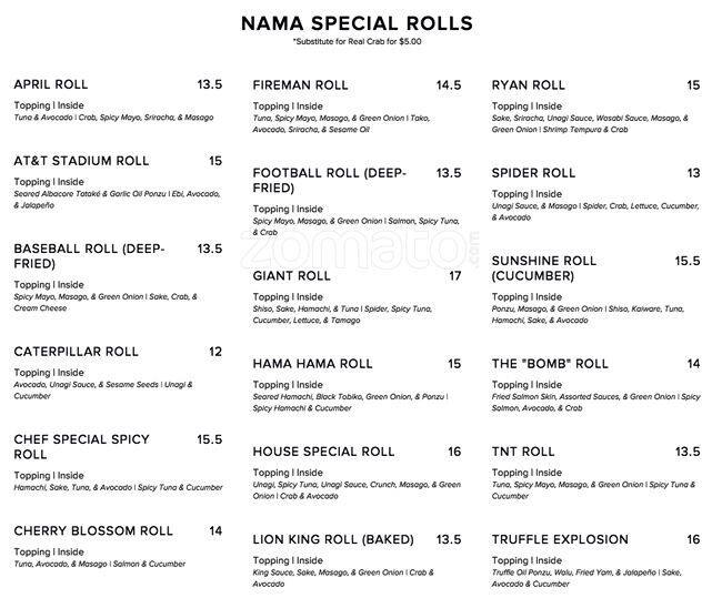 Menu at Nama Sushi SF restaurant, San Francisco