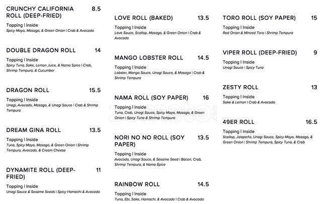 Menu at Nama Sushi SF restaurant, San Francisco