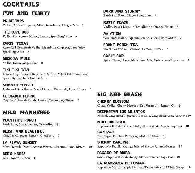 400 Rabbits Bar Menu, Menu for 400 Rabbits Bar, Circle C Ranch, Austin ...