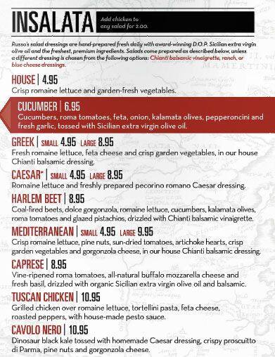 Menu at Russo's pizzeria, Tulsa