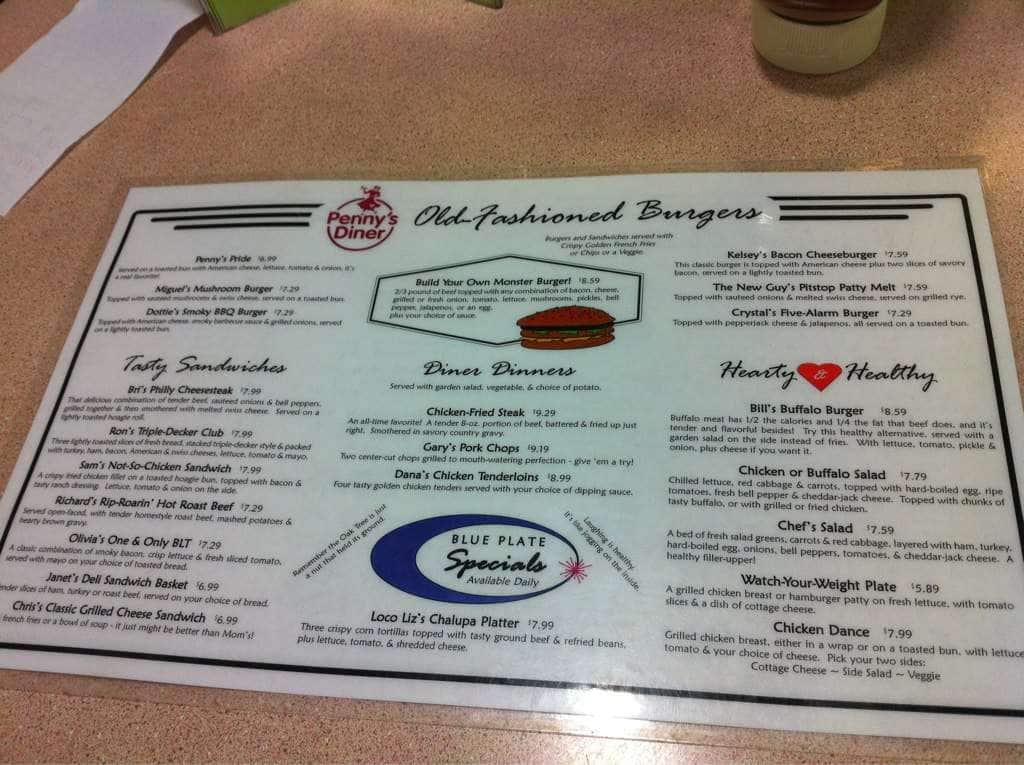 Menu at Penny's Diner restaurant, Green River