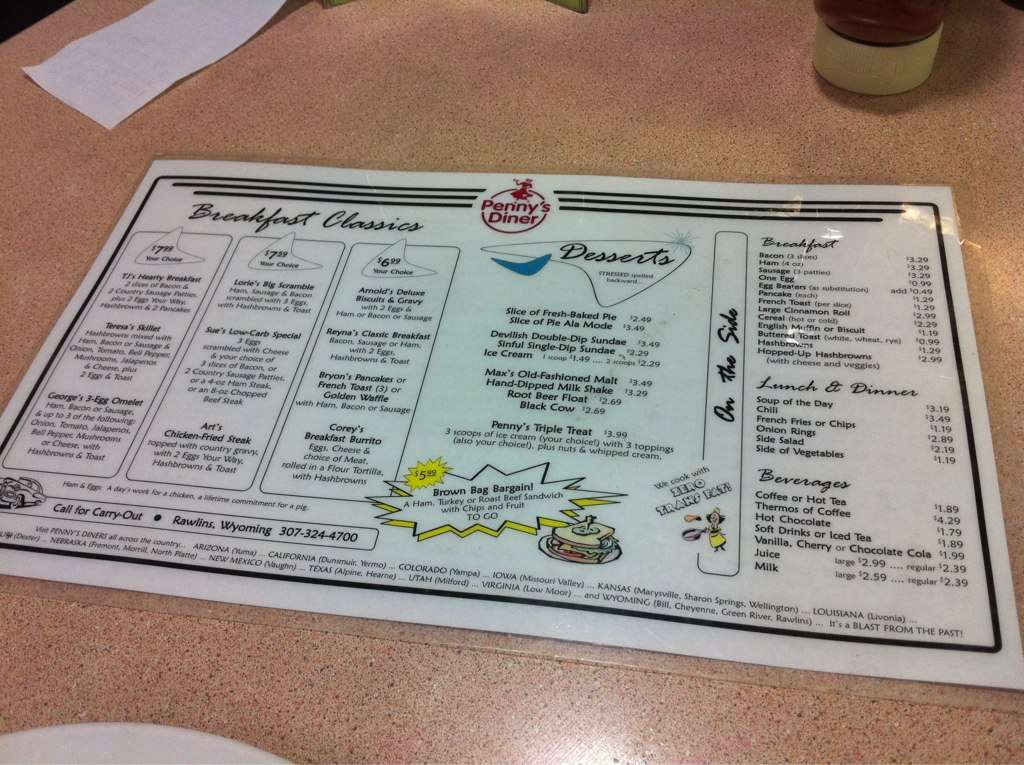 Menu at Penny's Diner restaurant, Green River
