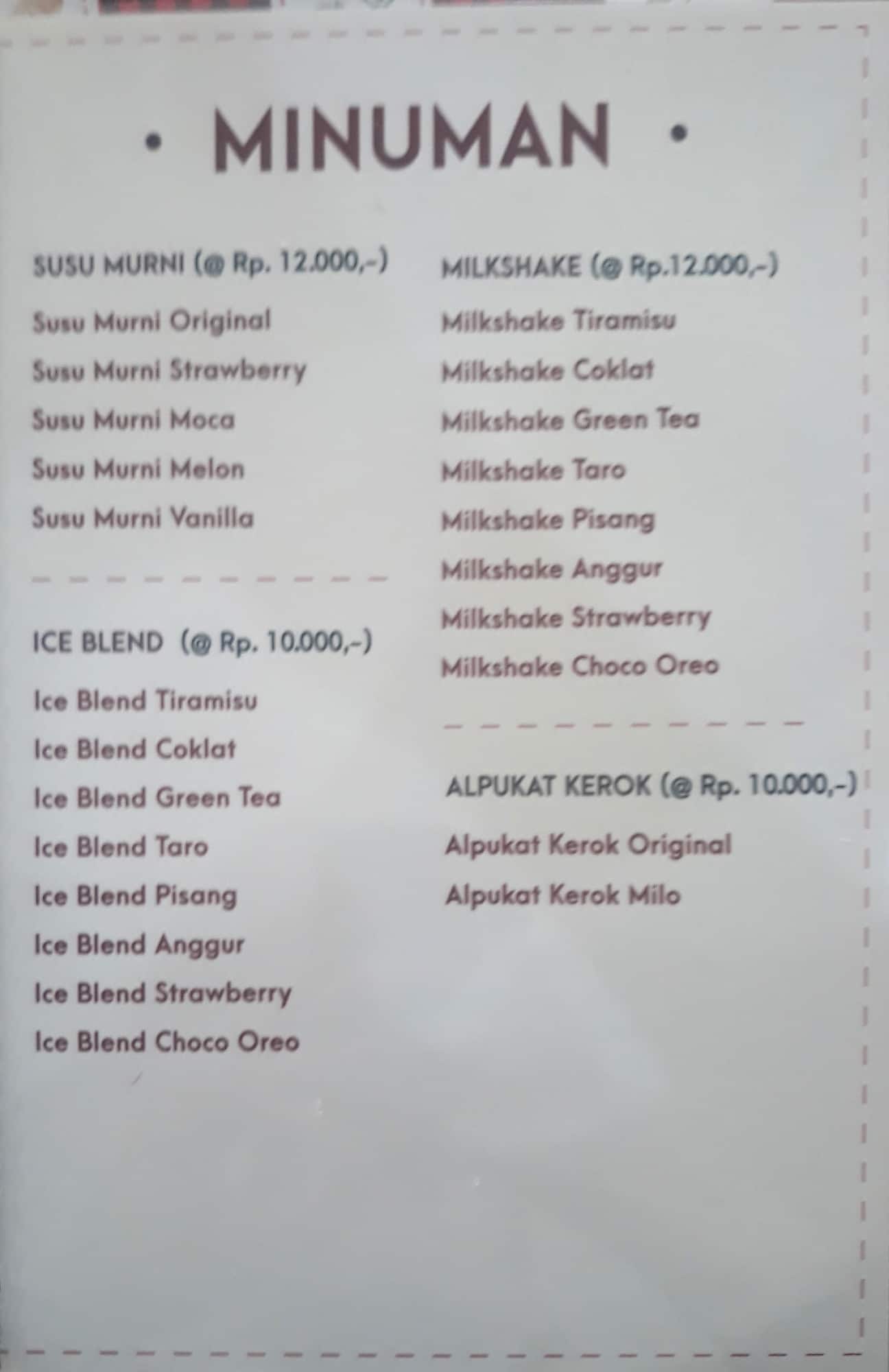 Menu at Mr. Kantin restaurant, Bandung