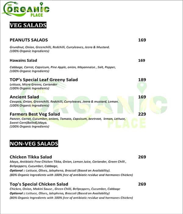 Menu of Top The Organic Place, Bachupally, Hyderabad
