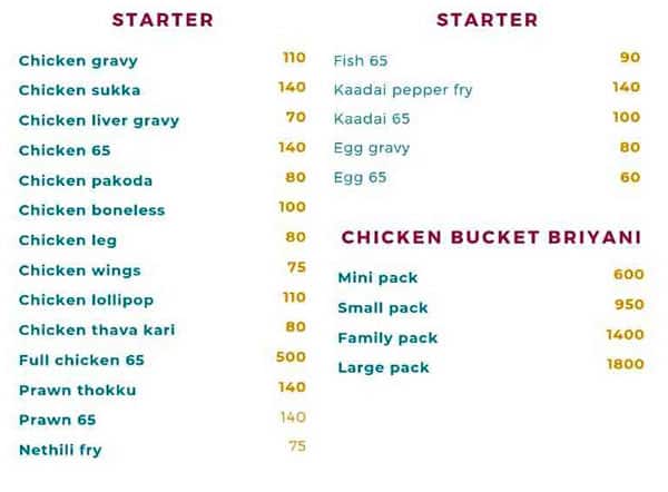 Menu of Mubarak Biriyani, Perambur, Chennai