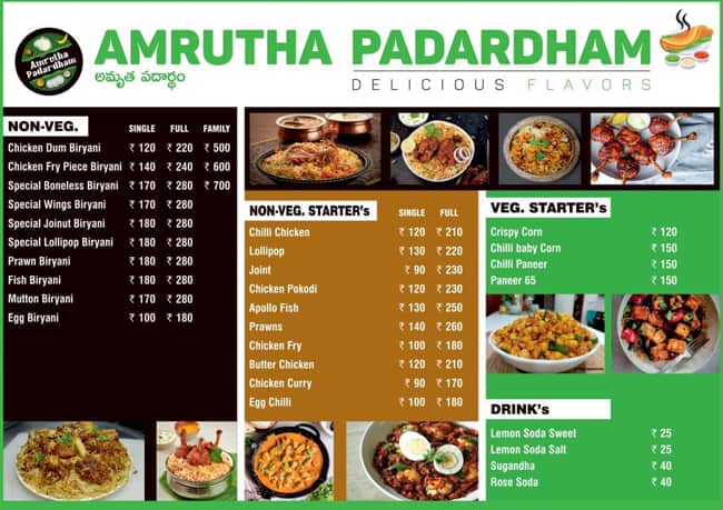 Menu of Amrutha Padardham, Kukatpally, Hyderabad