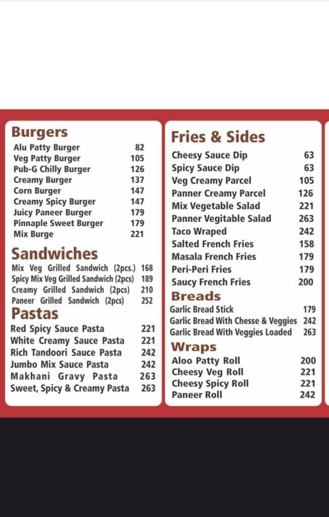 Menu of Hungry Point, Dhakoli, Zirakpur