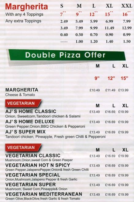 Menu at AJ's Pizza restaurant, Ilford