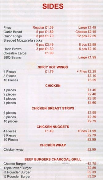 Menu at AJ's Pizza restaurant, Ilford
