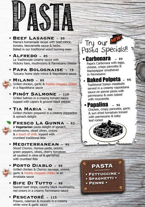 Speisekarte von Papachinos Clearwater restaurant, Roodepoort, Villa ...