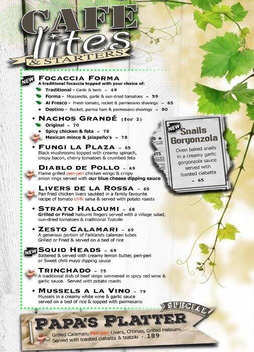 Menu at Papachinos Clearwater restaurant, Roodepoort, Gauteng