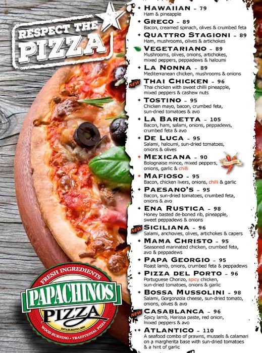 Menu at Papachinos Clearwater restaurant, Roodepoort, Gauteng