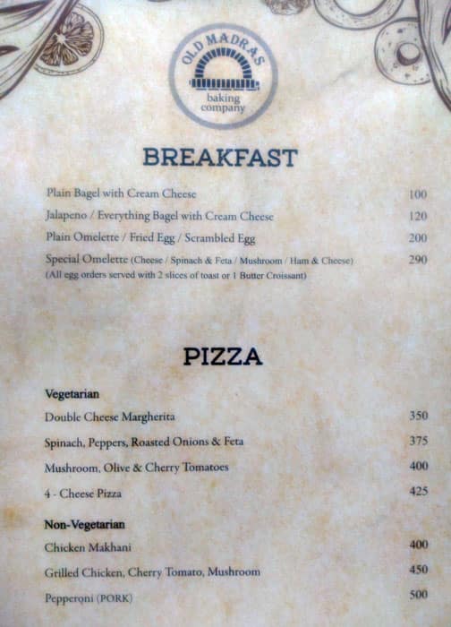 Menu of The Old Madras Baking Company, Alwarpet, Chennai