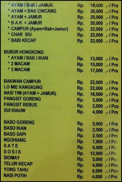 Carta del restaurante Bakmi Asiong, Yakarta
