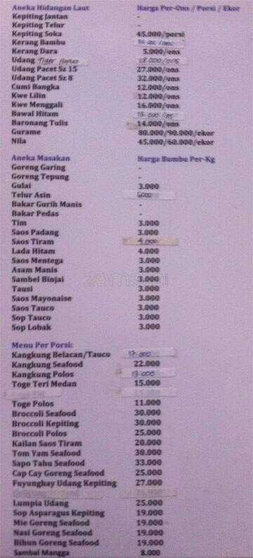 Carta del restaurante Laut Segar Seafood dan Kuring Resto, Yakarta
