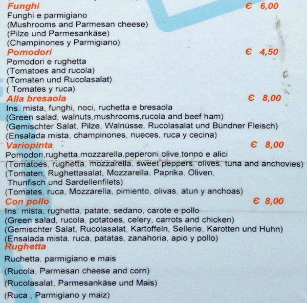Menu at Porta Castello restaurant, Rome, Largo di Porta Castello