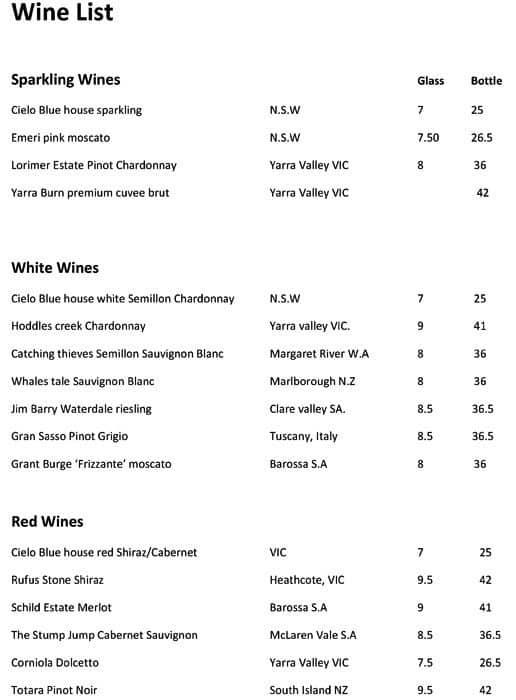 Menu at Cielo Blue restaurant, Plenty