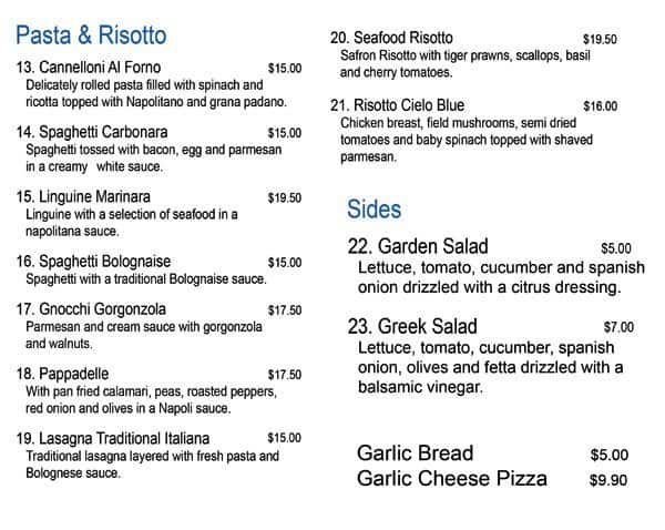 Menu at Cielo Blue restaurant, Plenty