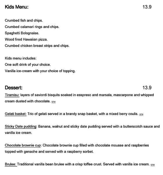 Menu at Cielo Blue restaurant, Plenty