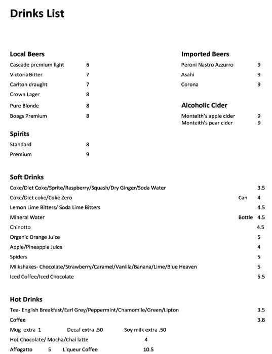 Menu at Cielo Blue restaurant, Plenty