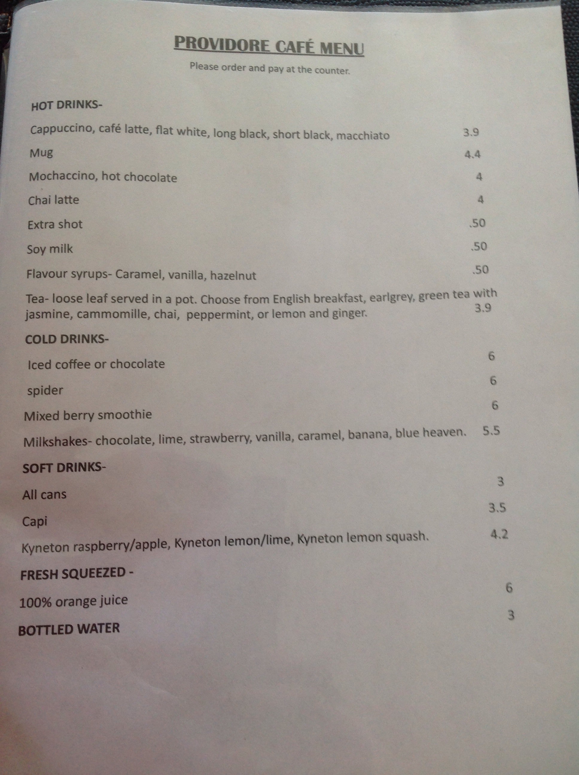 Menu at Providore Cafe Lake Gardens, Lake Gardens