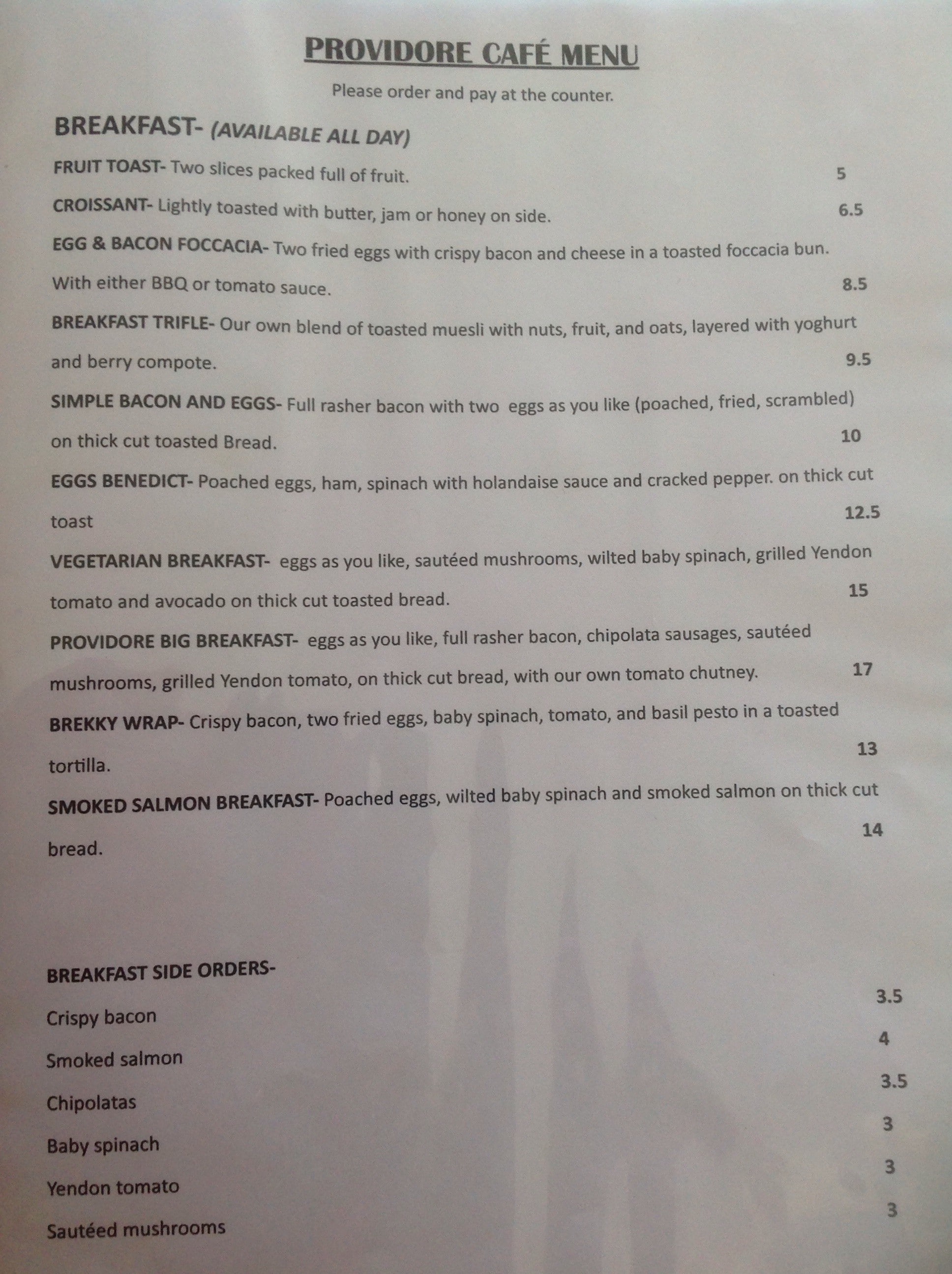 Menu at Providore Cafe Lake Gardens, Lake Gardens